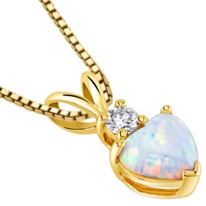 PEORA 14K Yellow Gold Created White Opal and Genuine Diamond Pendant for Women, Heart Shape Solitaire, 6mm