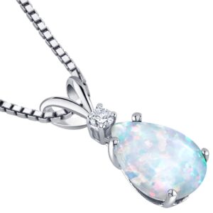 PEORA 14K White Gold Created White Opal with Genuine Diamond Pendant, Elegant Teardrop Solitaire, Pear Shape, 10x7mm, 1 Carat total