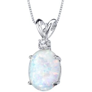 peora solid 14k white gold created white opal with genuine diamond pendant for women, elegant solitaire, oval shape, 10x8mm, 1 carat total