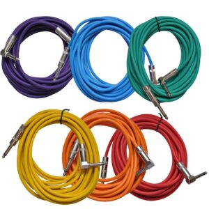 seismic audio - sagc20r-brpgyo - 6 pack of colored 20 foot right angle to straight guitar cables - 20' multi-color guitar or instrument cables