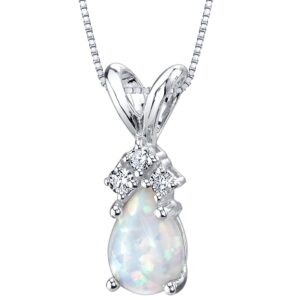 peora 14k white gold created white opal with genuine diamonds pendant for women, dainty teardrop solitaire, pear shape, 7x5mm