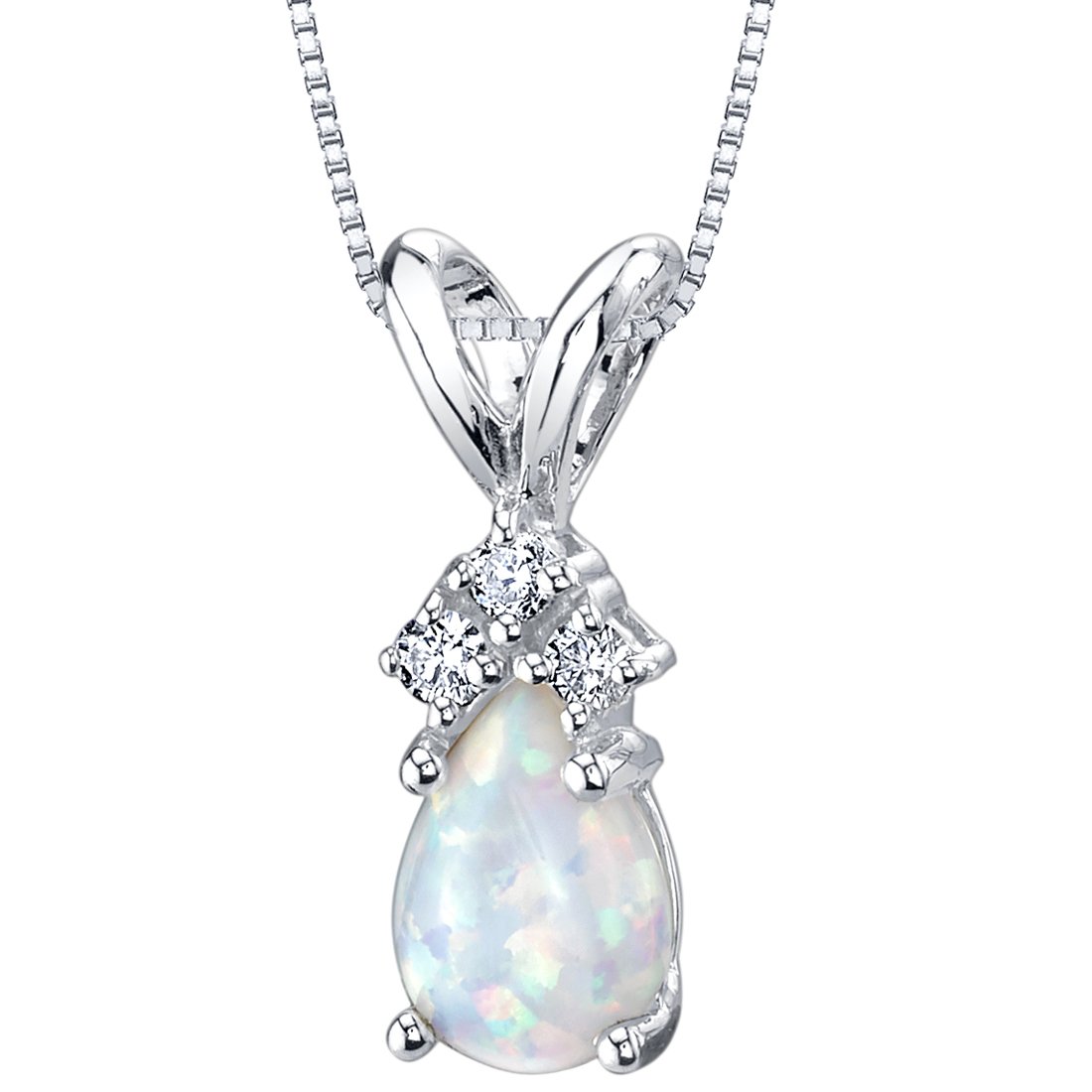 PEORA 14K White Gold Created White Opal with Genuine Diamonds Pendant for Women, Dainty Teardrop Solitaire, Pear Shape, 7x5mm