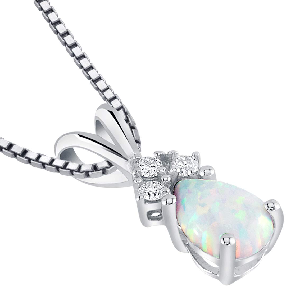 PEORA 14K White Gold Created White Opal with Genuine Diamonds Pendant for Women, Dainty Teardrop Solitaire, Pear Shape, 7x5mm