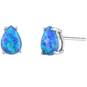 peora 14k white gold created blue fire opal earrings for women, classic solitaire studs, 7x5mm pear shape, 1 carat total, friction back