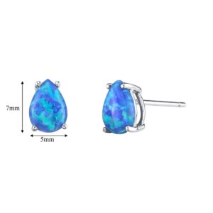 Peora 14K White Gold Created Blue Fire Opal Earrings for Women, Classic Solitaire Studs, 7x5mm Pear Shape, 1 Carat total, Friction Back