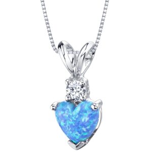 peora 14k white gold created blue opal with genuine diamond pendant, heart shape solitaire, 6mm