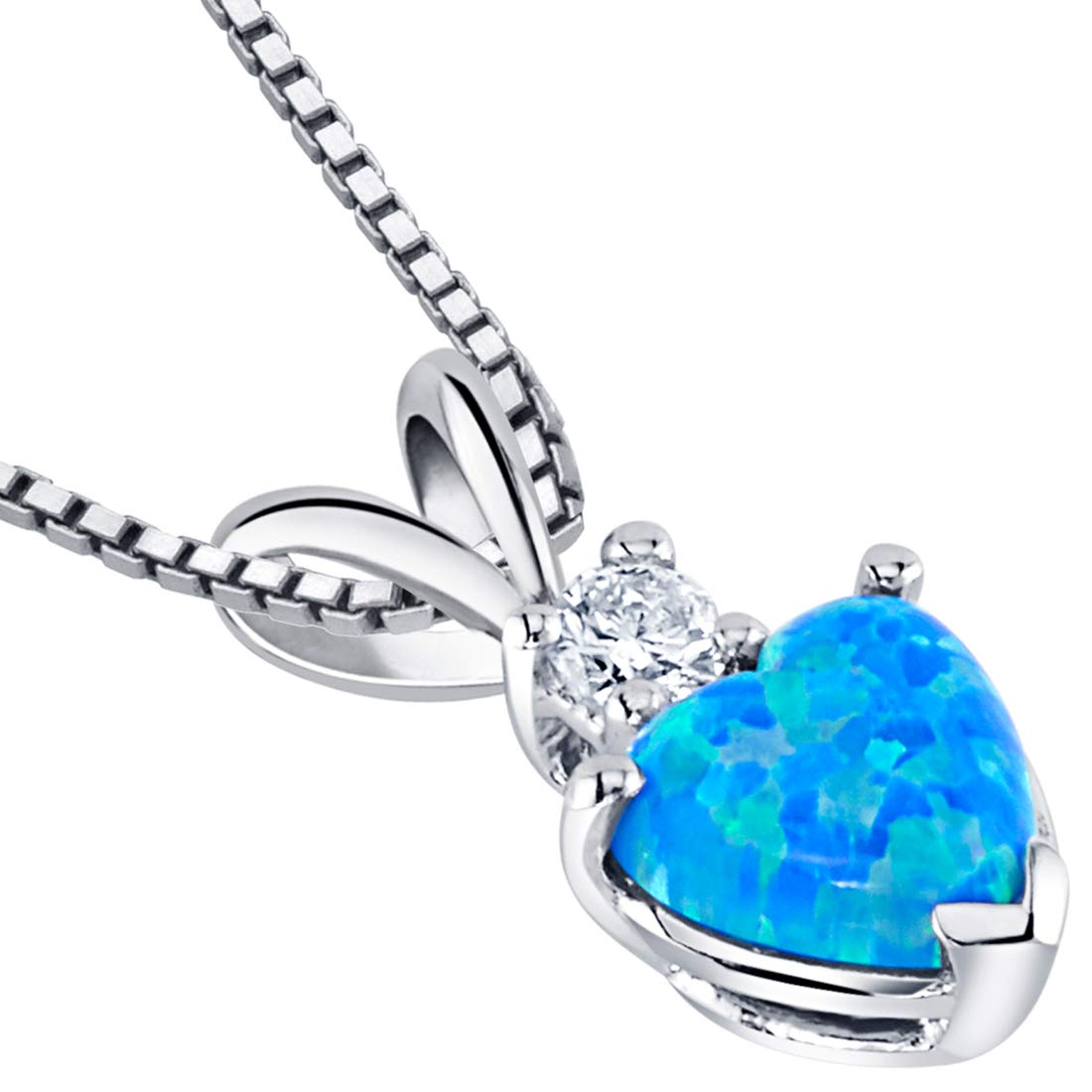 PEORA 14K White Gold Created Blue Opal with Genuine Diamond Pendant, Heart Shape Solitaire, 6mm