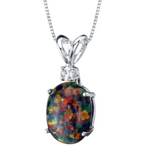 peora 14k white gold created black opal with genuine diamond pendant for women, elegant solitaire, oval shape, 10x8mm, 1 carat total