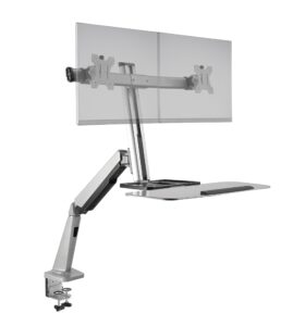 ergotech freedom lift | includes dual monitor sit and stand workstation for computer monitor screens and clamp mount | full-motion swivel, tilt and rotation for different reading angles | silver