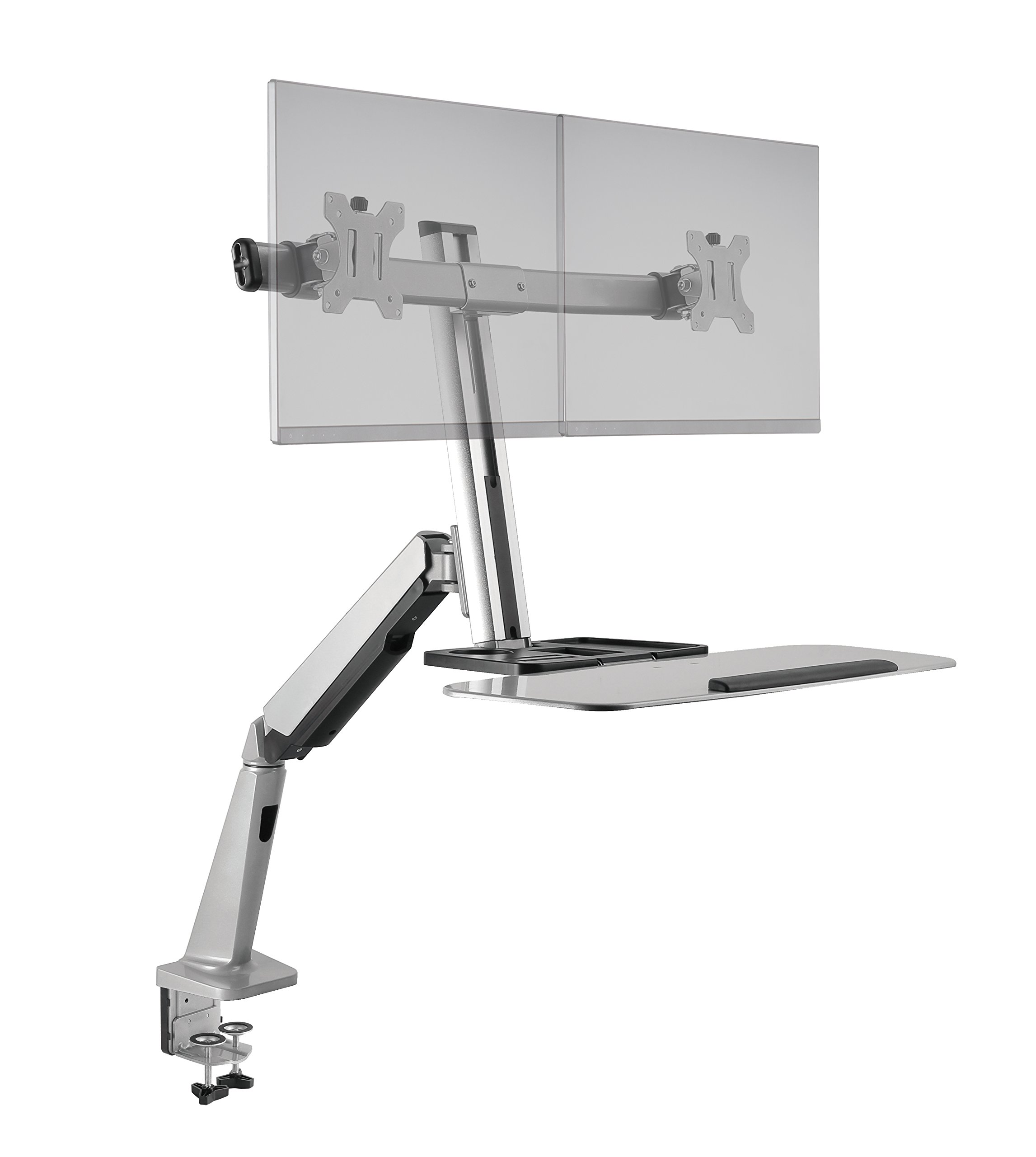 Ergotech Freedom Lift | Includes Dual Monitor Sit and Stand Workstation for Computer Monitor Screens and Clamp Mount | Full-Motion Swivel, Tilt and Rotation for Different Reading Angles | Silver