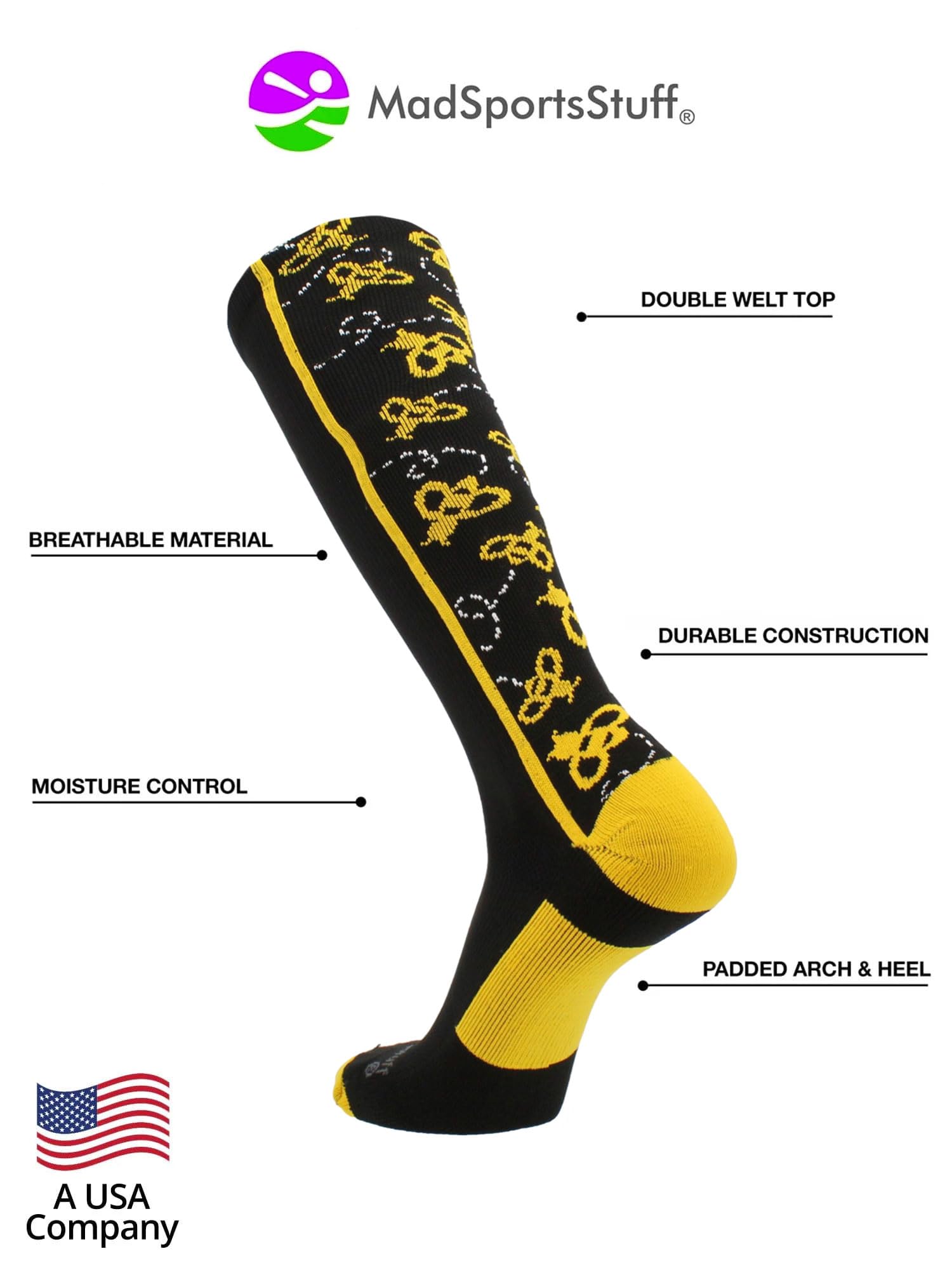 Crazy Socks with Bumble Bees Over the Calf (Black/Gold, Small)