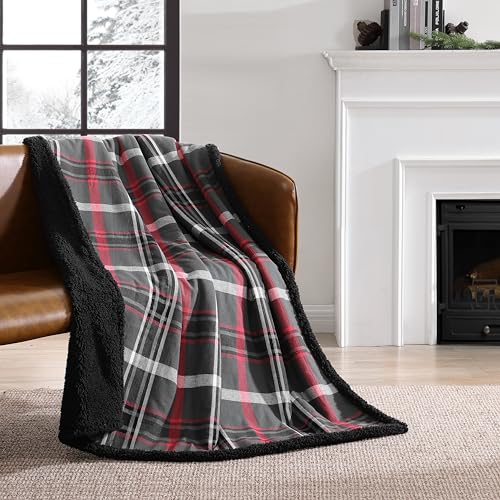 Eddie Bauer - Throw Blanket, Cotton Flannel Home Decor, All Season Reversible Sherpa Bedding (Winslow Charcoal, Throw)