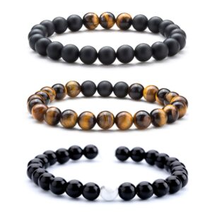 hamoery men women 8mm tiger eye stone beads bracelet elastic natural stone yoga bracelet bangle (set2)