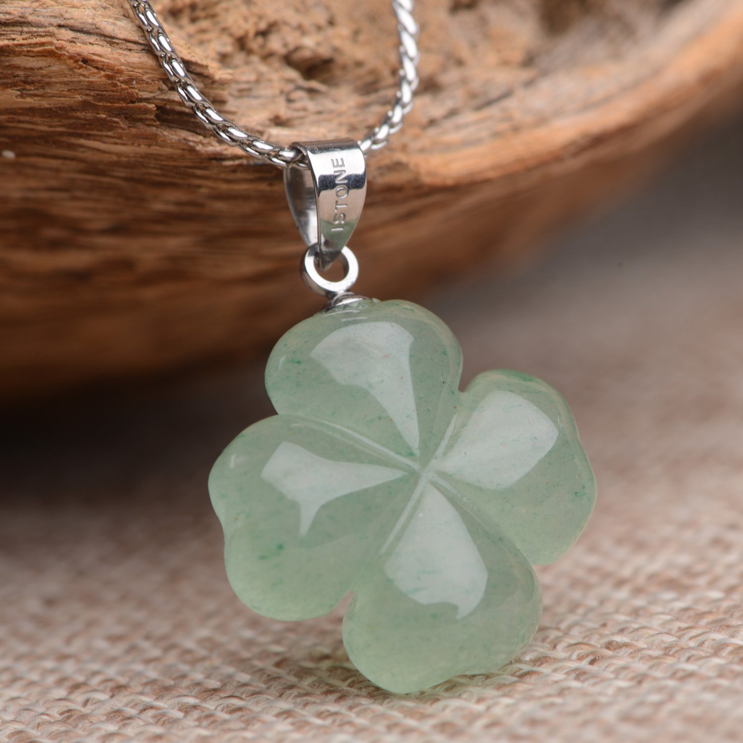 iSTONE St. Patrick's Day Four Leaf Clover Pendant Necklace Green Aventurine Gemstone Pendant Necklace 18"