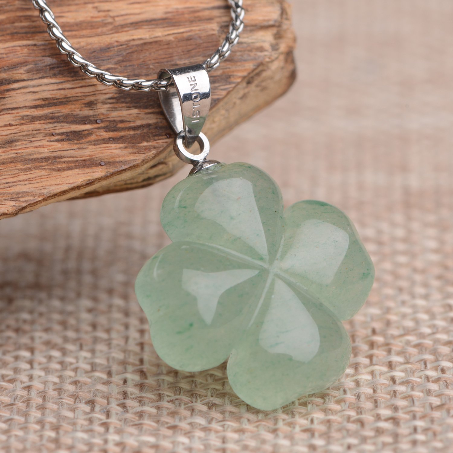 iSTONE St. Patrick's Day Four Leaf Clover Pendant Necklace Green Aventurine Gemstone Pendant Necklace 18"