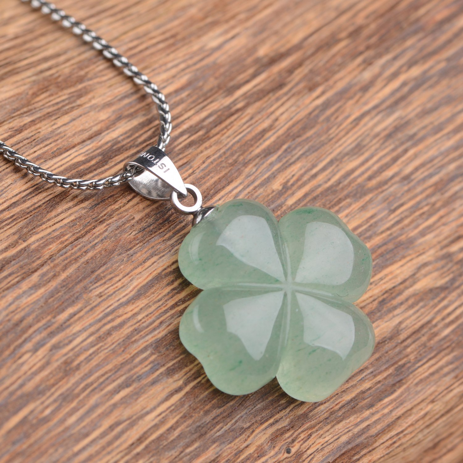 iSTONE St. Patrick's Day Four Leaf Clover Pendant Necklace Green Aventurine Gemstone Pendant Necklace 18"