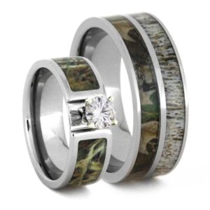 the men's jewelry store (unisex jewelry) forever one moissanite, camo engagement ring and deer antler, camo print titanium band, his and her wedding band set, m10-f5