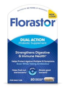 florastor probiotics for digestive & immune health, 20 capsules, probiotics for women & men, 1 probiotic worldwide, flush out bad bacteria & boost the good with our strain saccharomyces boulardii