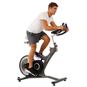 sunny health & fitness asuna 7130 lancer cycle exercise bike - magnetic belt drive commercial indoor cycling bike with spd style/cage pedals, 285 lb max weight and low q-factor