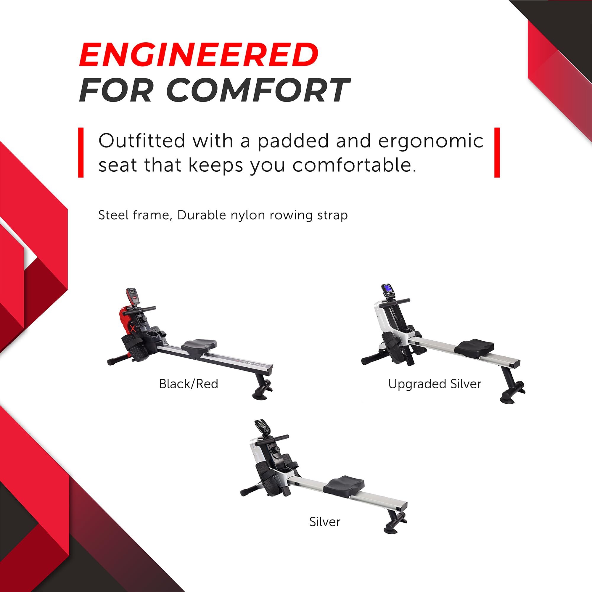 Stamina X Magnetic Rower 1102 - Rower Machine with Smart Workout App - Rowing Machine with Magnetic Resistance for Home Gym Fitness - Up to 250 lbs Weight Capacity - Black/Red