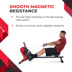 Stamina X Magnetic Rower 1102 - Rower Machine with Smart Workout App - Rowing Machine with Magnetic Resistance for Home Gym Fitness - Up to 250 lbs Weight Capacity - Black/Red