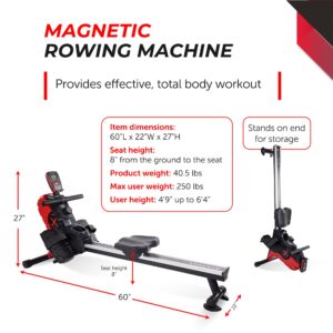 Stamina X Magnetic Rower 1102 - Rower Machine with Smart Workout App - Rowing Machine with Magnetic Resistance for Home Gym Fitness - Up to 250 lbs Weight Capacity - Black/Red