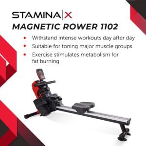 Stamina X Magnetic Rower 1102 - Rower Machine with Smart Workout App - Rowing Machine with Magnetic Resistance for Home Gym Fitness - Up to 250 lbs Weight Capacity - Black/Red