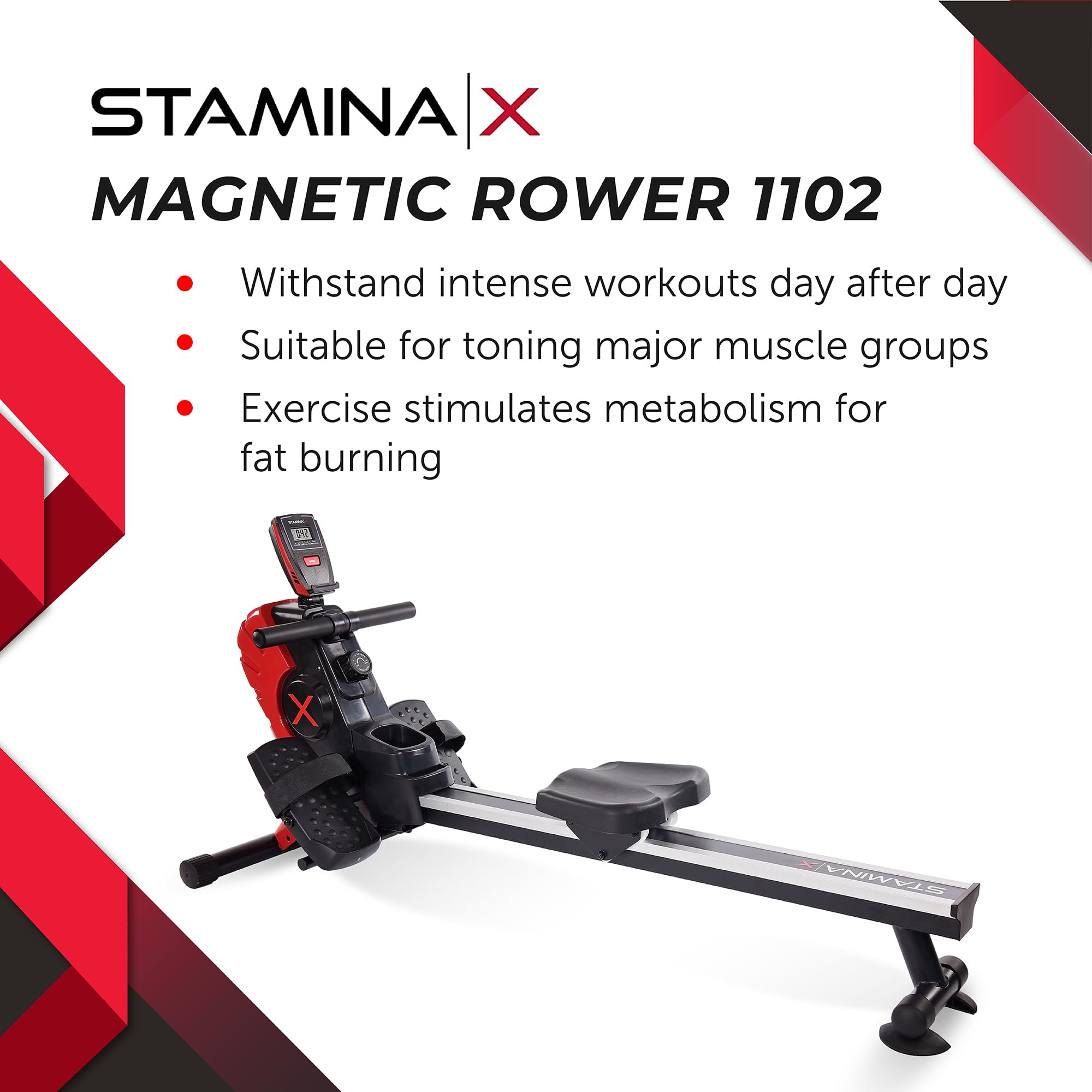 Stamina X Magnetic Rower 1102 - Rower Machine with Smart Workout App - Rowing Machine with Magnetic Resistance for Home Gym Fitness - Up to 250 lbs Weight Capacity - Black/Red