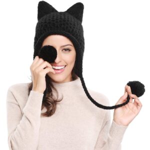 Bellady Winter Cute Cat Ears Knit Hat Ear Flap Crochet Beanie Hat, Black