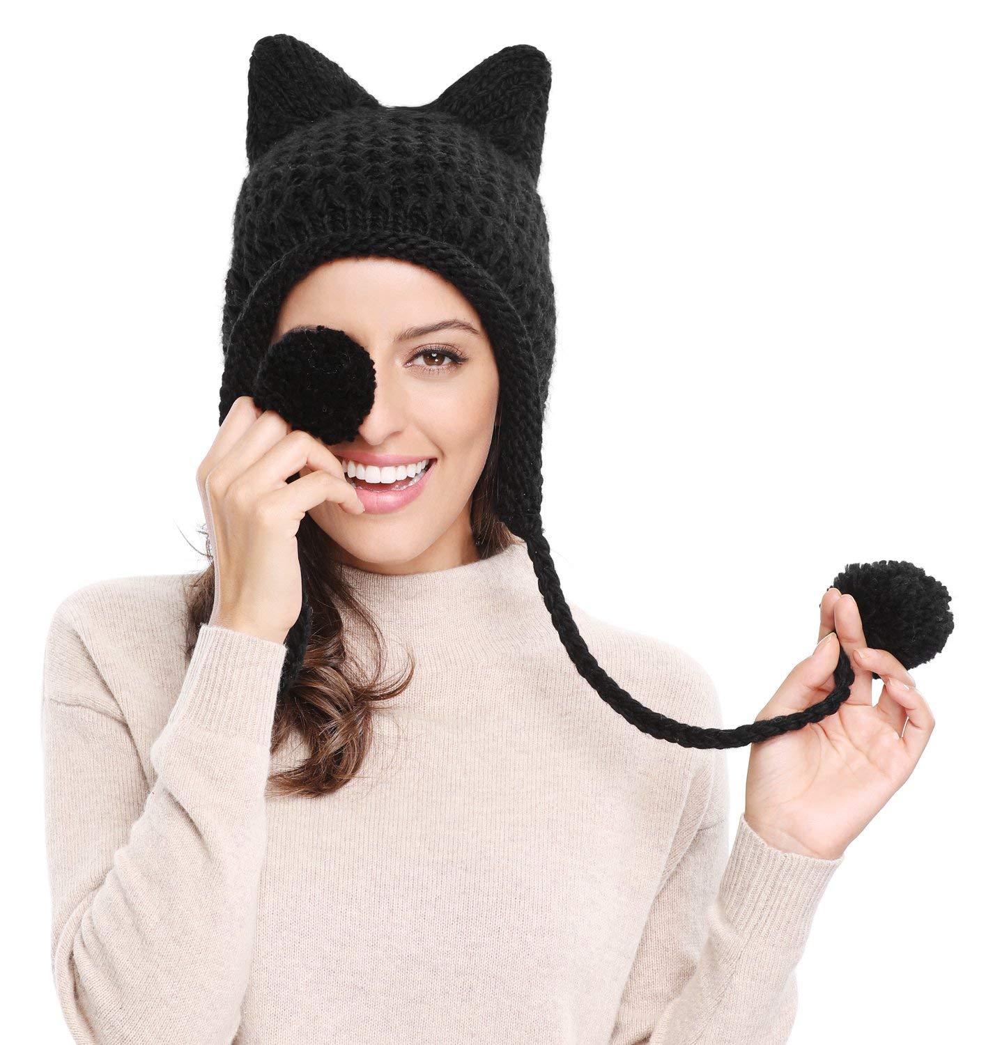 Bellady Winter Cute Cat Ears Knit Hat Ear Flap Crochet Beanie Hat, Black