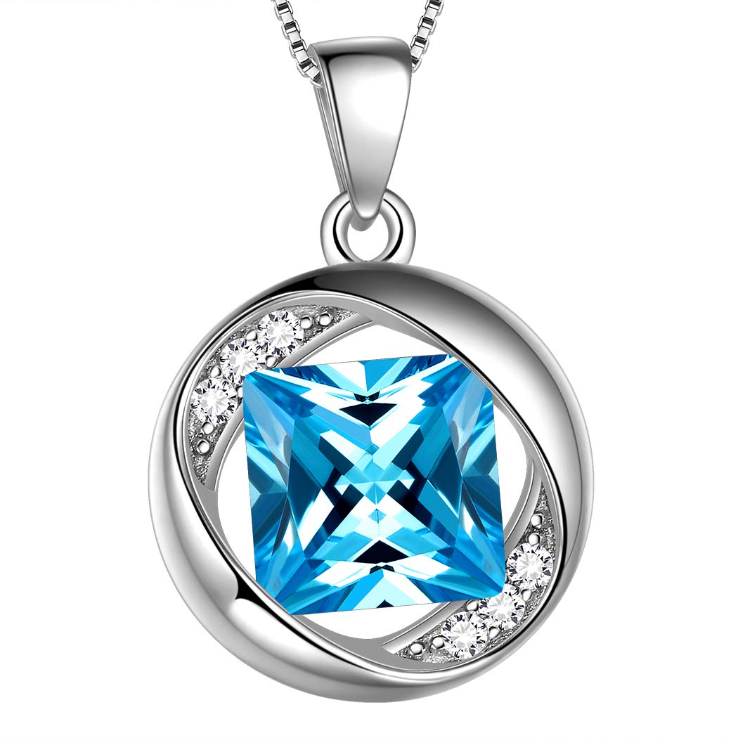 Aurora Tears March Birthstone Pendant Necklace Women 925 Sterling Silver Round Birthstones Created Aquamarine Blue Crystal Mar. Birth Stone Jewelry Birthday Gift DP0029M