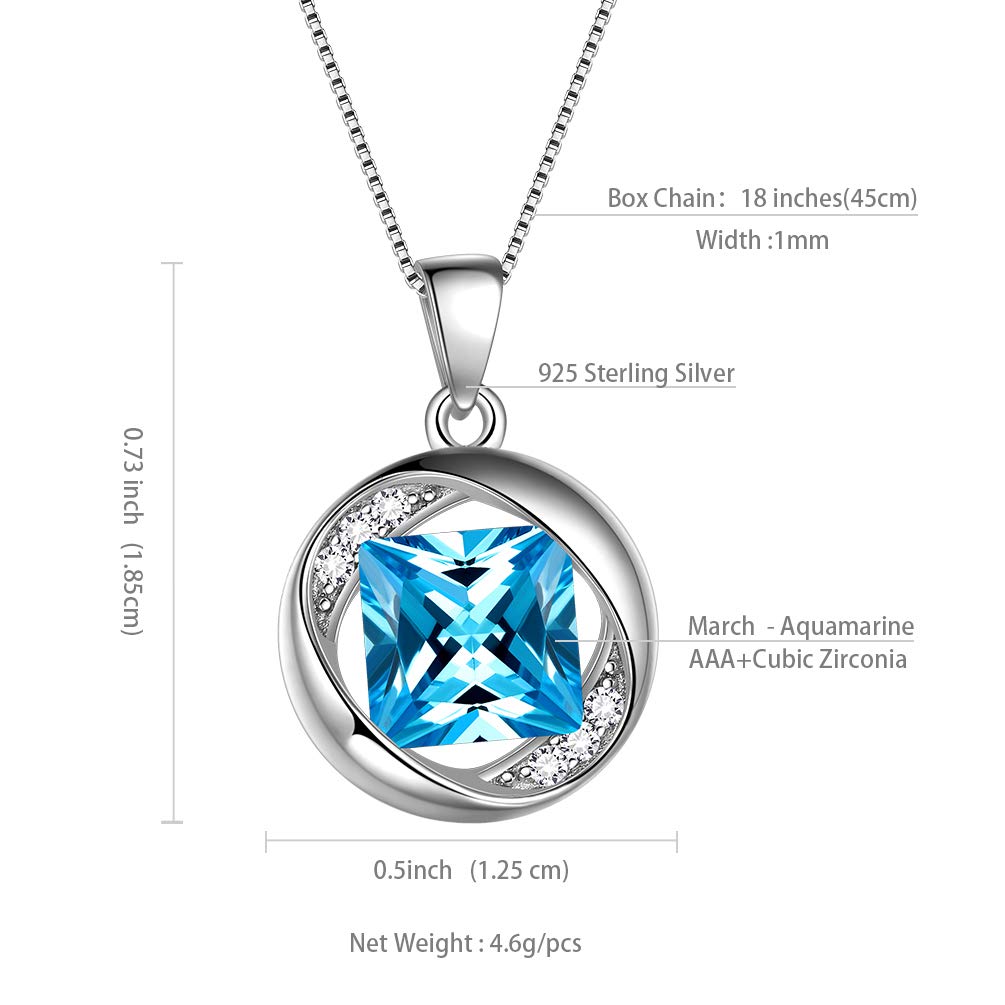 Aurora Tears March Birthstone Pendant Necklace Women 925 Sterling Silver Round Birthstones Created Aquamarine Blue Crystal Mar. Birth Stone Jewelry Birthday Gift DP0029M