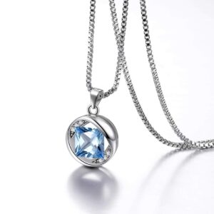 Aurora Tears March Birthstone Pendant Necklace Women 925 Sterling Silver Round Birthstones Created Aquamarine Blue Crystal Mar. Birth Stone Jewelry Birthday Gift DP0029M