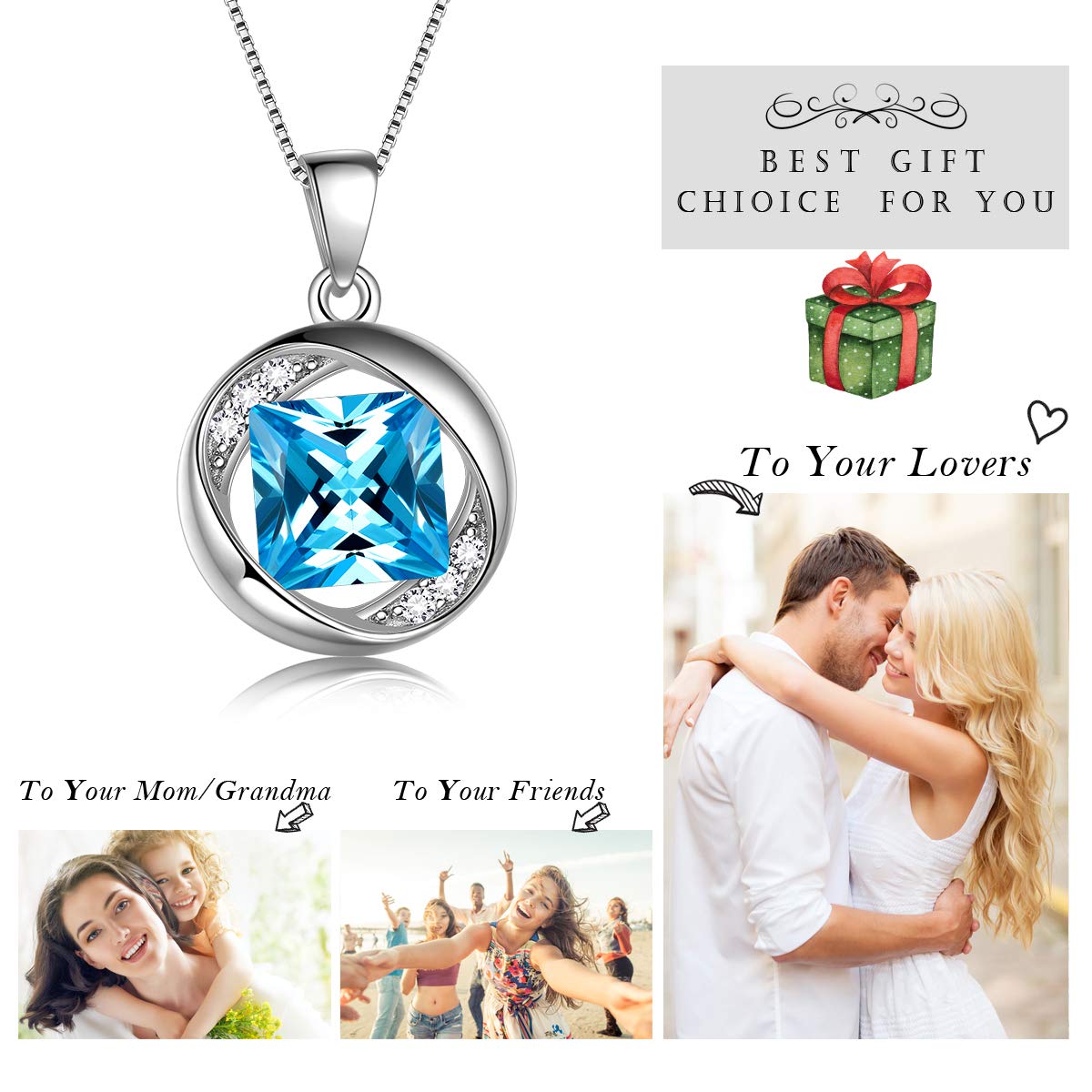 Aurora Tears March Birthstone Pendant Necklace Women 925 Sterling Silver Round Birthstones Created Aquamarine Blue Crystal Mar. Birth Stone Jewelry Birthday Gift DP0029M