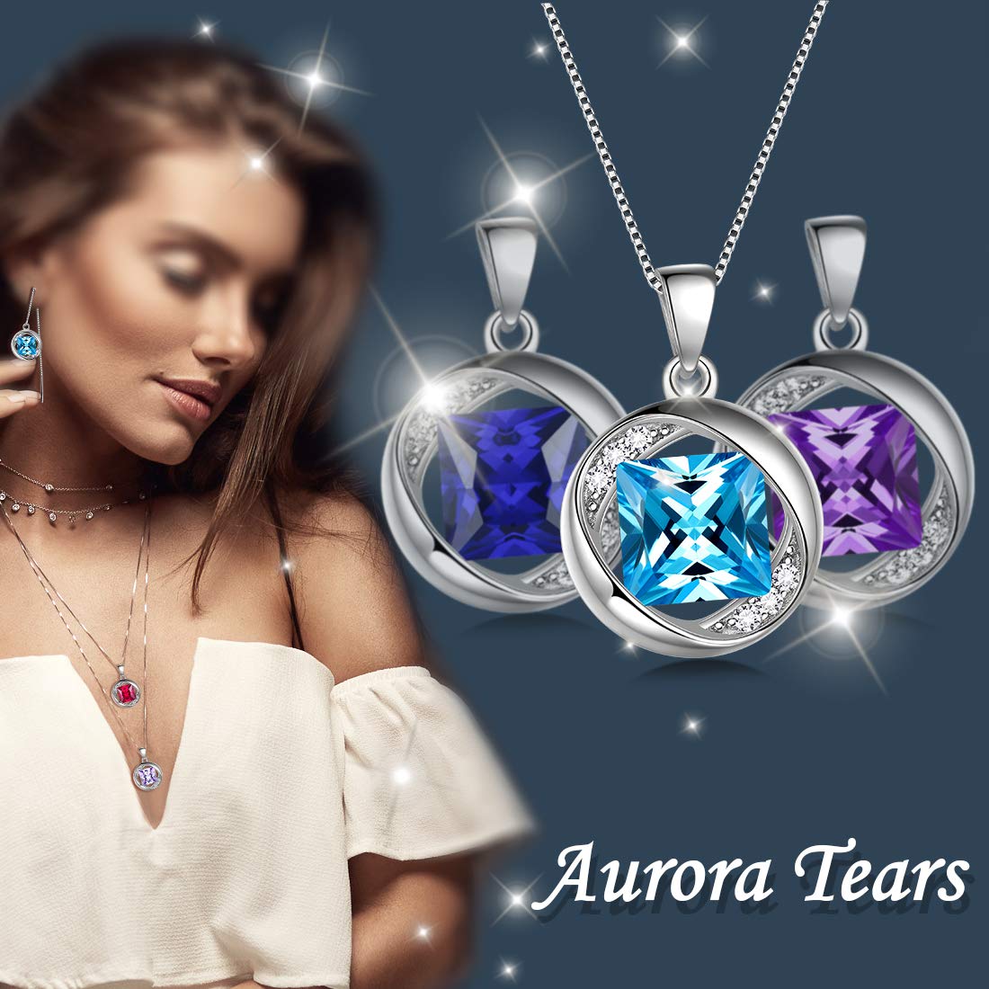 Aurora Tears March Birthstone Pendant Necklace Women 925 Sterling Silver Round Birthstones Created Aquamarine Blue Crystal Mar. Birth Stone Jewelry Birthday Gift DP0029M