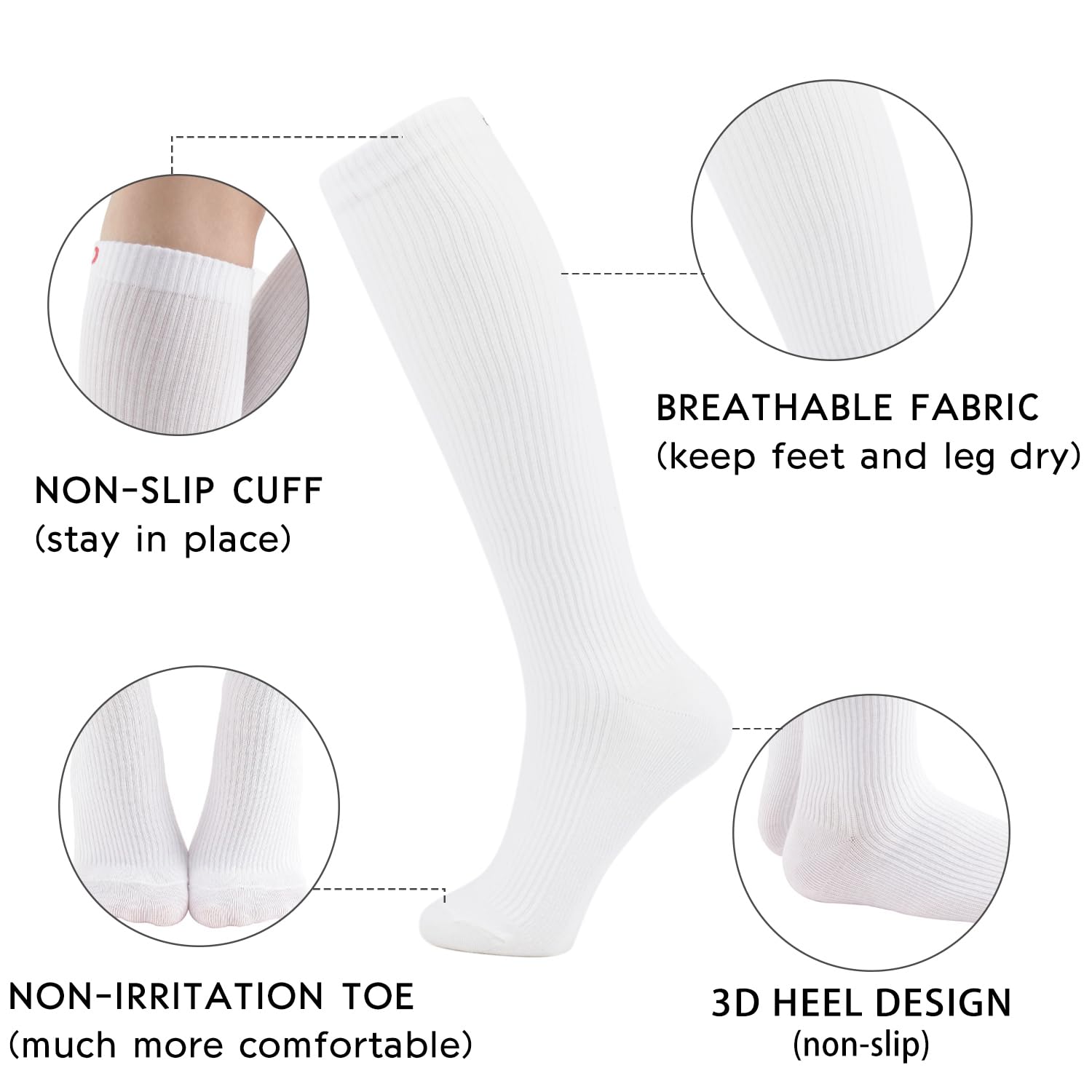 +MD Cotton Compression Socks for Women & Men Circulation 6 Pairs 8-15mmHg Knee High Support Socks Moisture Wicking for Athletic Running Cycling 6White 10-13