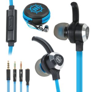 enhance mobile gaming earbuds for ps4, pc, xbox one & nintendo switch with bass vibration feedback & microphone - full metal housings, noise isolating, in ear hooks & tangle free cable