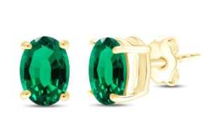 simulated green emerald oval shape stud earrings in 14k yellow gold over sterling silver (2.5 ct)