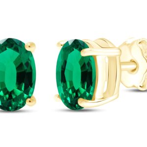 Simulated Green Emerald Oval Shape Stud Earrings In 14K Yellow Gold Over Sterling Silver (2.5 Ct)