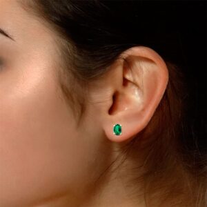 Simulated Green Emerald Oval Shape Stud Earrings In 14K Yellow Gold Over Sterling Silver (2.5 Ct)