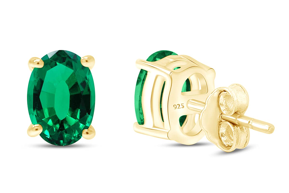 Simulated Green Emerald Oval Shape Stud Earrings In 14K Yellow Gold Over Sterling Silver (2.5 Ct)