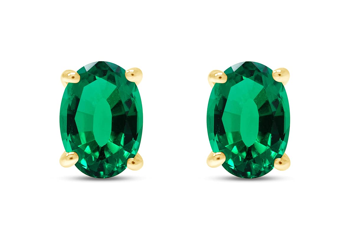 Simulated Green Emerald Oval Shape Stud Earrings In 14K Yellow Gold Over Sterling Silver (2.5 Ct)