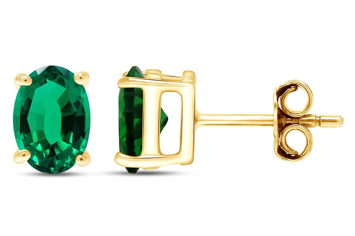 Simulated Green Emerald Oval Shape Stud Earrings In 14K Yellow Gold Over Sterling Silver (2.5 Ct)