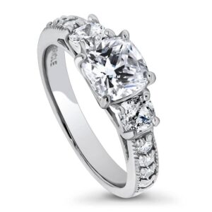 berricle sterling silver 3-stone wedding engagement rings cushion cut cubic zirconia cz promise ring for women, rhodium plated size 7.5