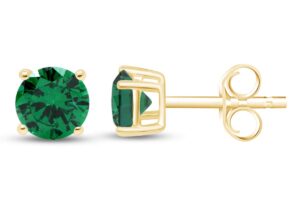 simulated green emerald round shape stud earrings in 14k yellow gold over sterling silver (1 ct)