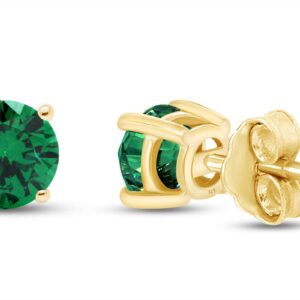 Simulated Green Emerald Round Shape Stud Earrings In 14K Yellow Gold Over Sterling Silver (1 Ct)