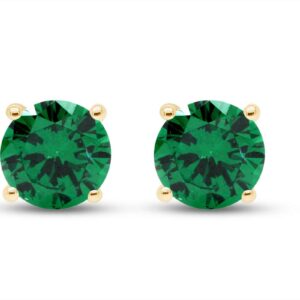 Simulated Green Emerald Round Shape Stud Earrings In 14K Yellow Gold Over Sterling Silver (1 Ct)