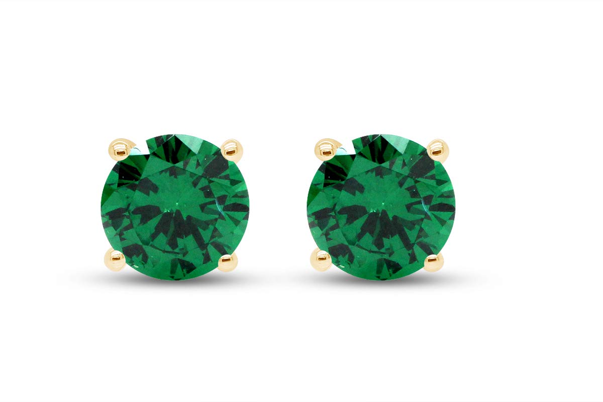 Simulated Green Emerald Round Shape Stud Earrings In 14K Yellow Gold Over Sterling Silver (1 Ct)