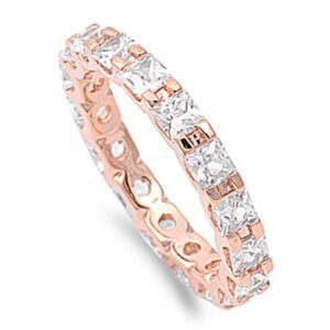 double accent sterling silver 14k rose gold plated princess cz rose tone eternity ring band 3mm (size 4 to 12), 11