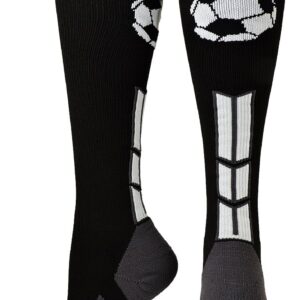 MadSportsStuff Soccer Socks with Soccer Ball Logo Over the Calf (Black/White/Graphite, Medium)